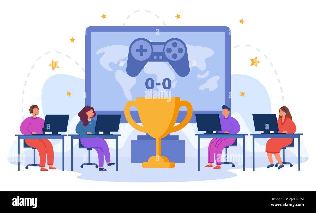 Girls and boys competing in esports for the cup using PC. Winning cup ...