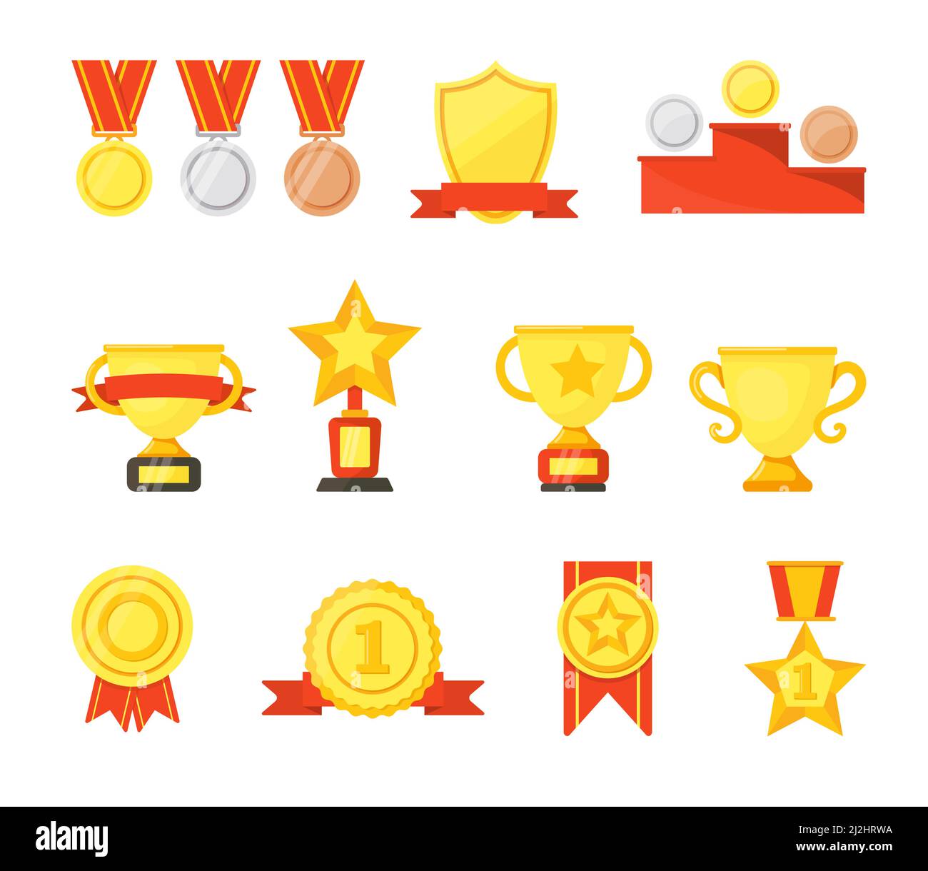 Golden, silver, bronze medals, cups and badges vector cartoon set ...