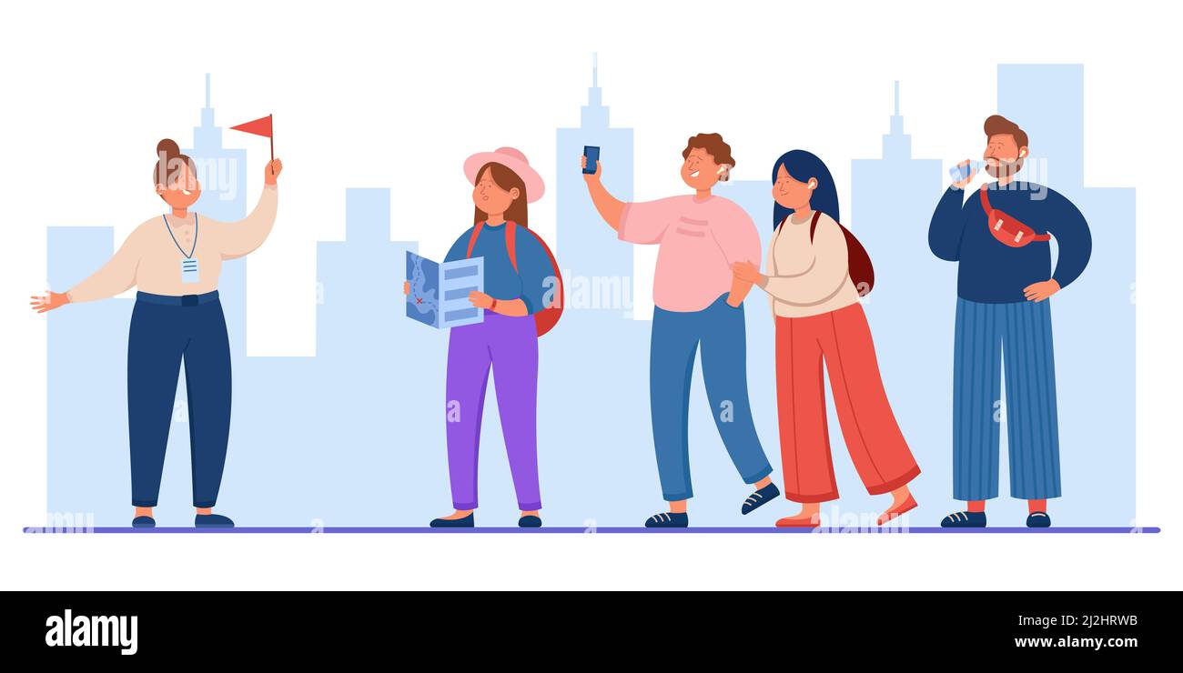 Group of tourists travelling with guide holding flag. Flat vector ...