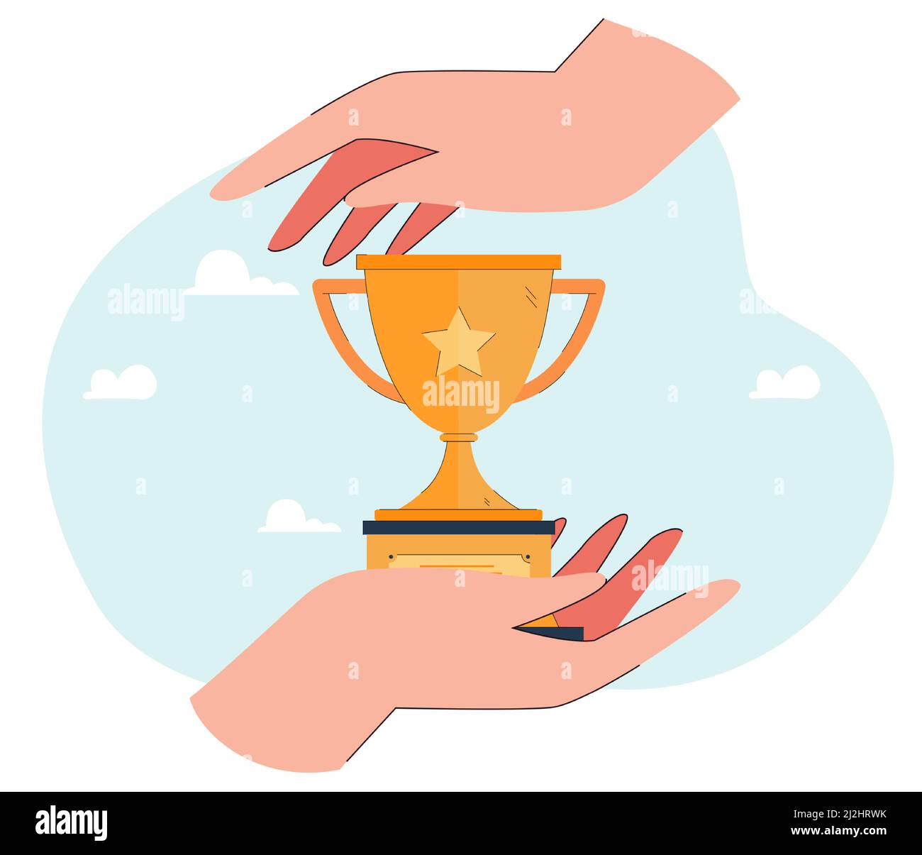 Gold cup between huge human hands. Hand holding golden trophy or prize ...