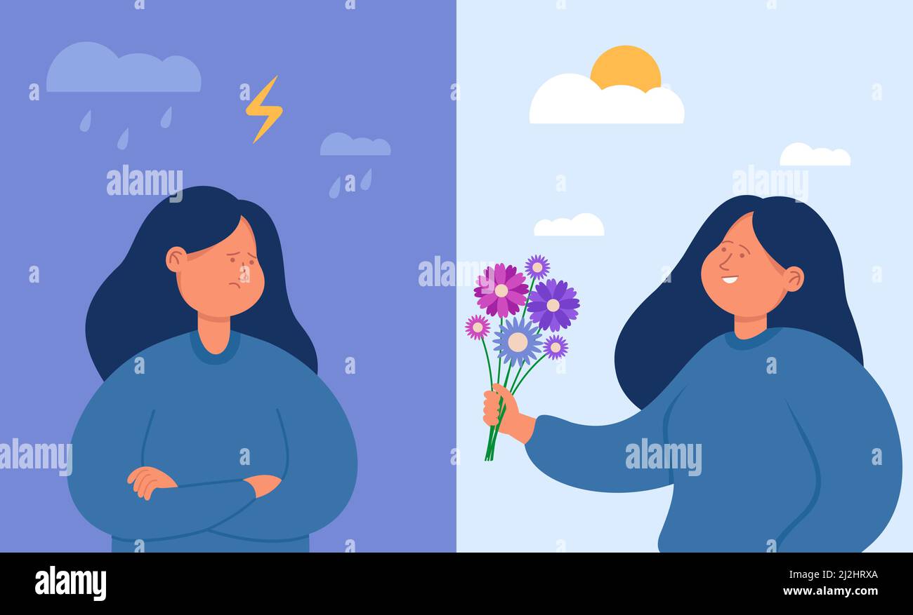 Good and bad mood flat vector illustration. Mood swings of angry and ...