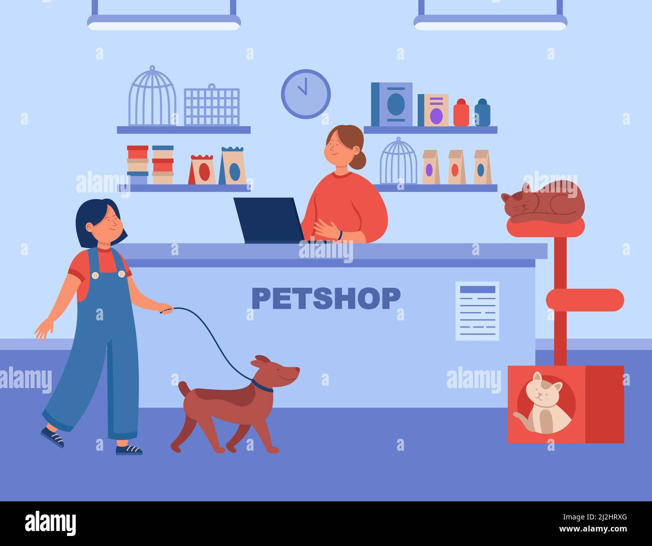 Girl with dog on leash coming up to female seller at petshop. Pet store ...