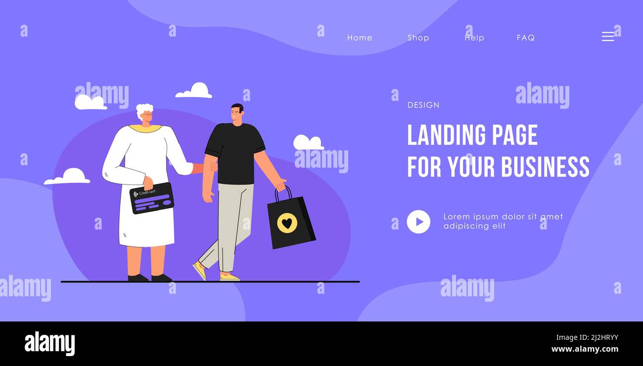 Grandmother holding credit card and grandson purchase package. Old ...