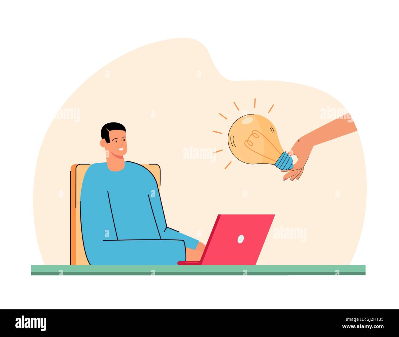 Hand giving lightbulb to happy businessman at laptop. Office worker ...