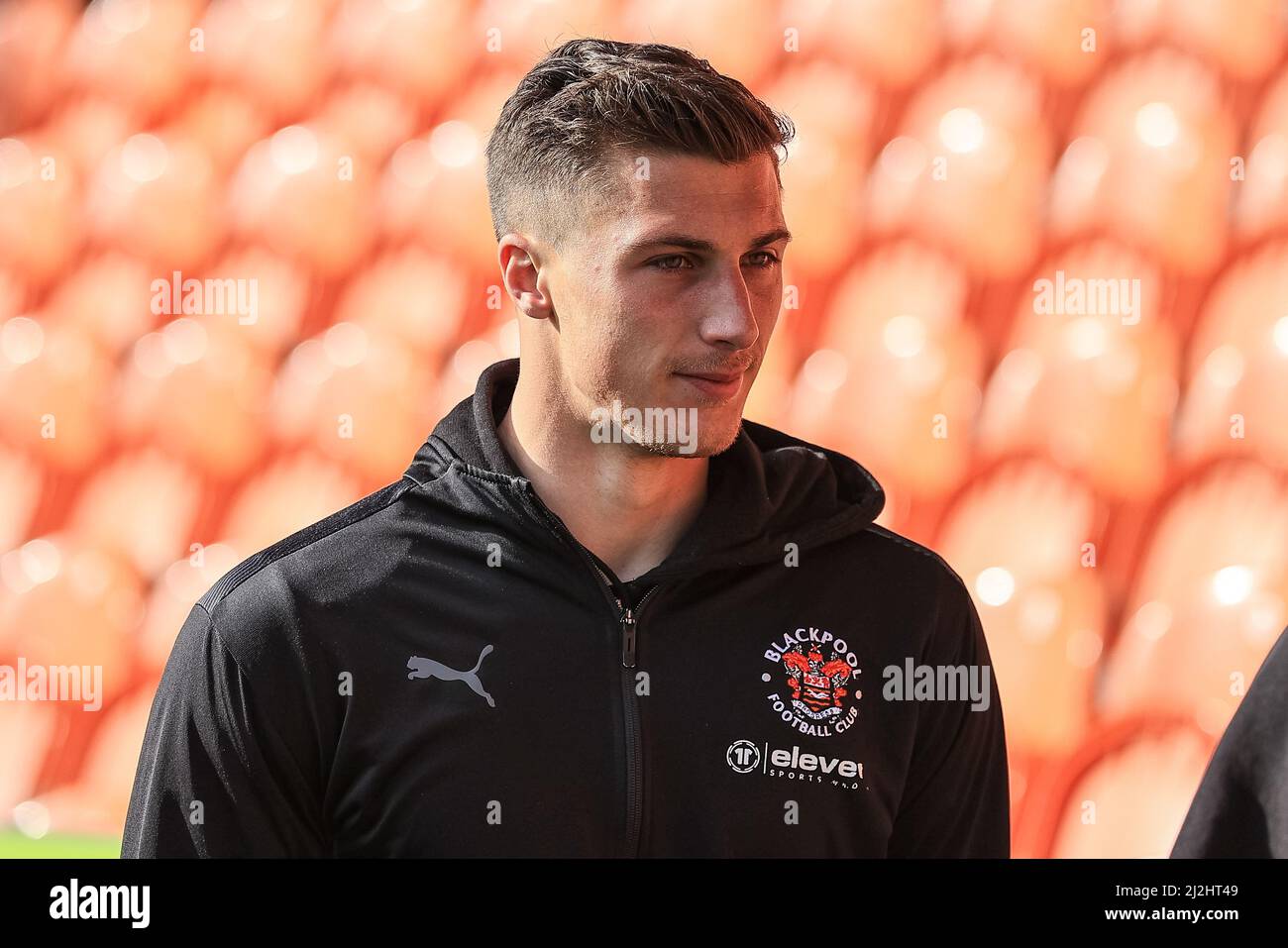 Stuart Moore #13 of Blackpool arrives at Bloomfield Road Stock Photo - Alamy