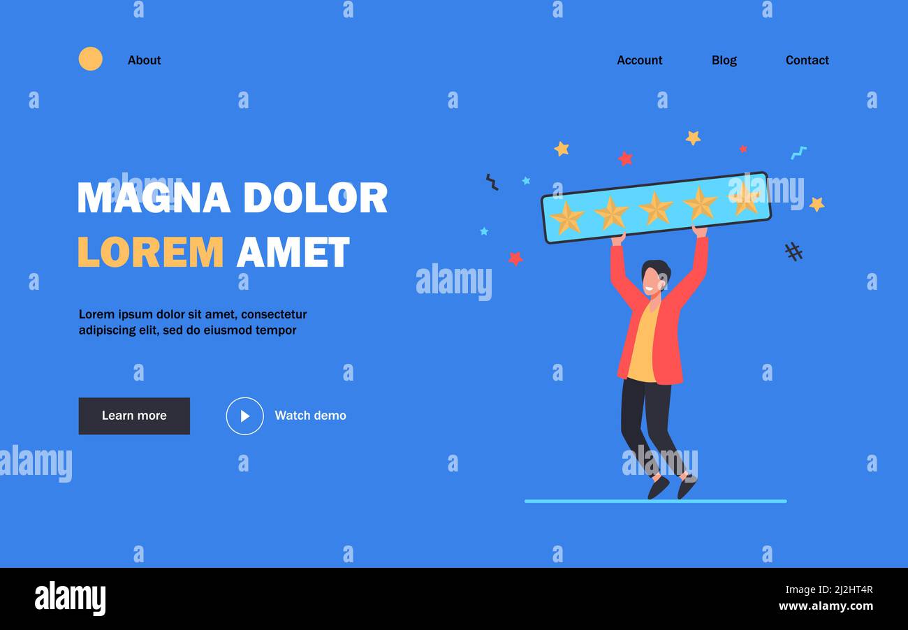 Happy man holding five golden stars. Customer, review, social media ...