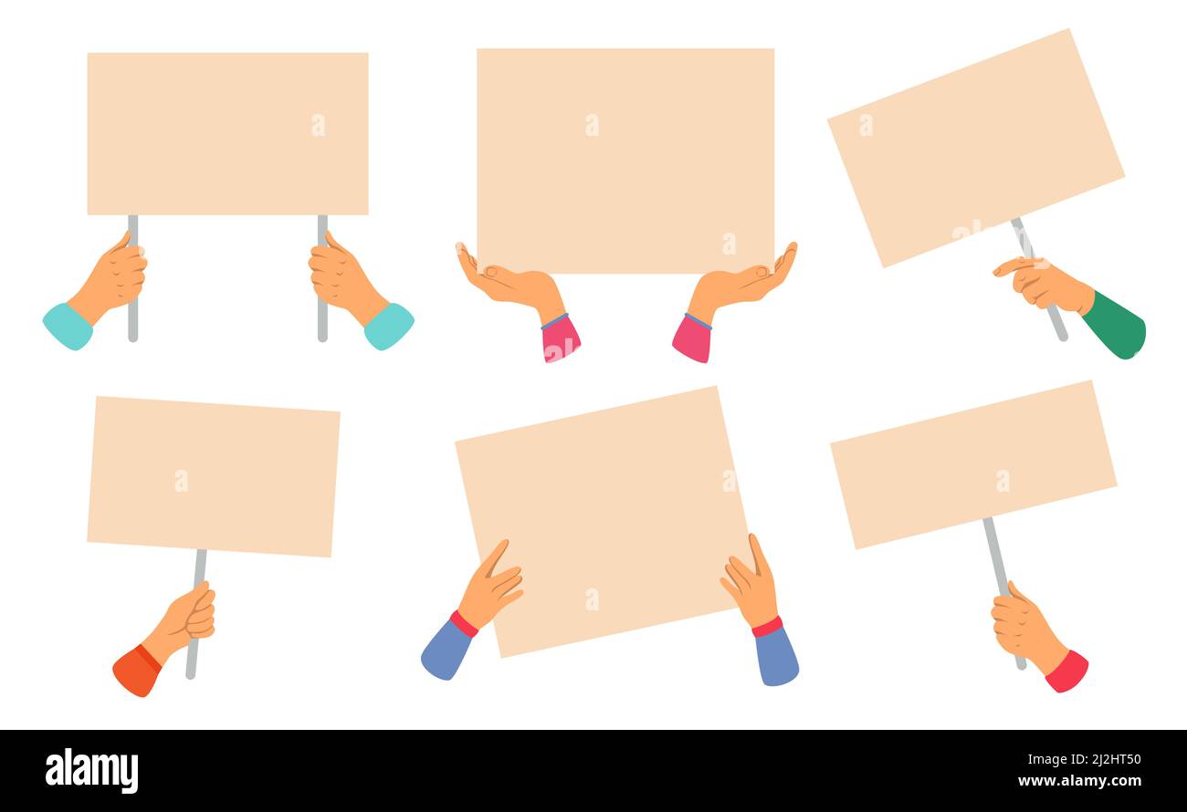 Hands Holding Blank Placards Set Vector Illustrations Of Activists
