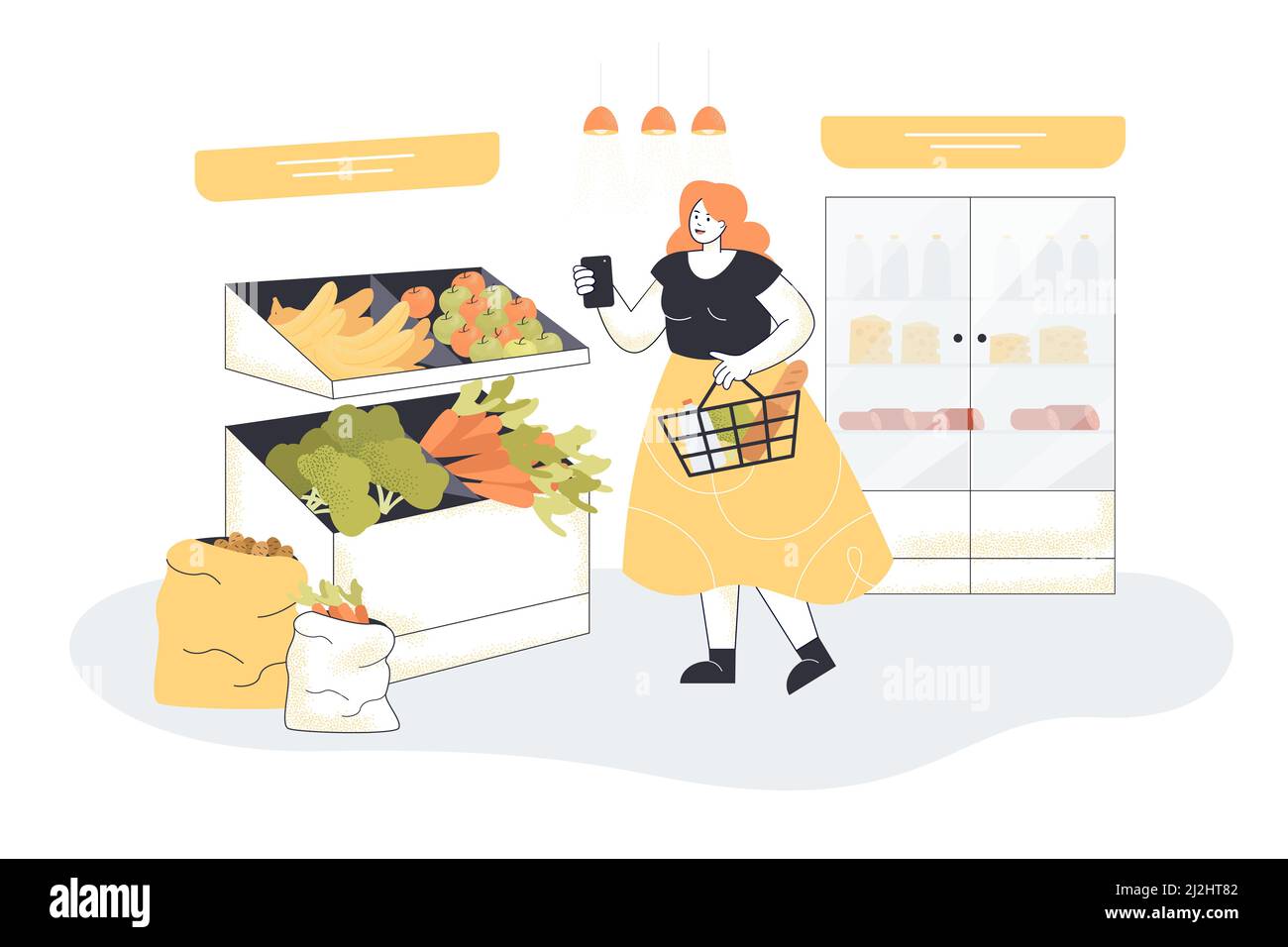 Funny woman with shopping basket choosing fruits and vegetables on ...