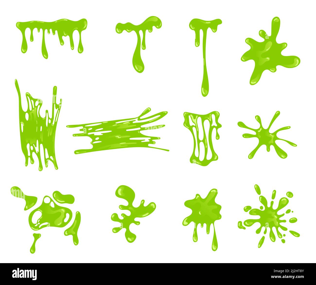 Green Slime Splashes And Blobs Set Vector Illustrations Of Sticky Mucus Splat Or Dripping Goo