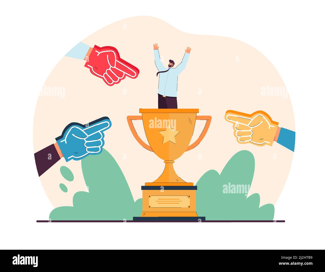 Hands pointing fingers at man in champion cup. Tiny guy in winners ...