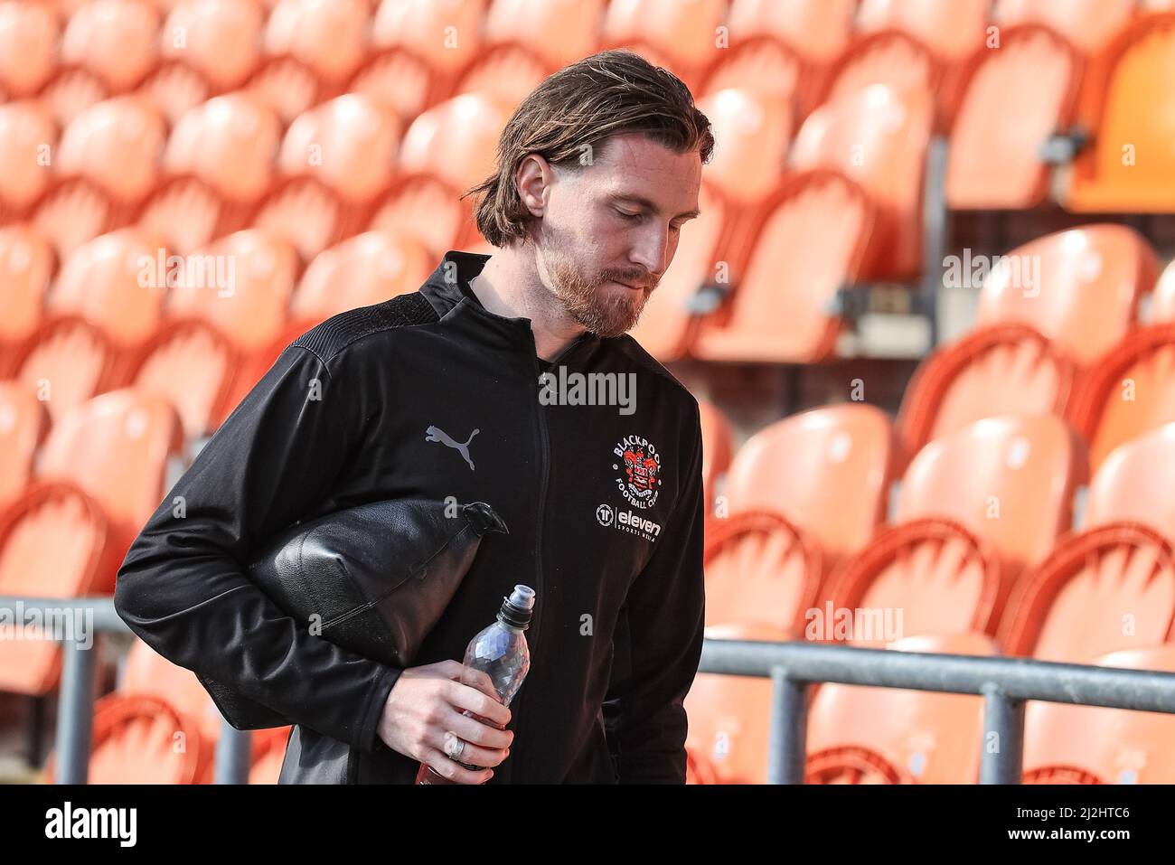 Blackpool, UK. 02nd Apr, 2022. James Husband #3 of Blackpool arrives at ...