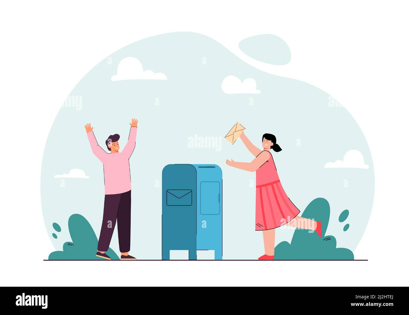 Happy girl sending paper letter, running to blue mailbox. Kid holding ...