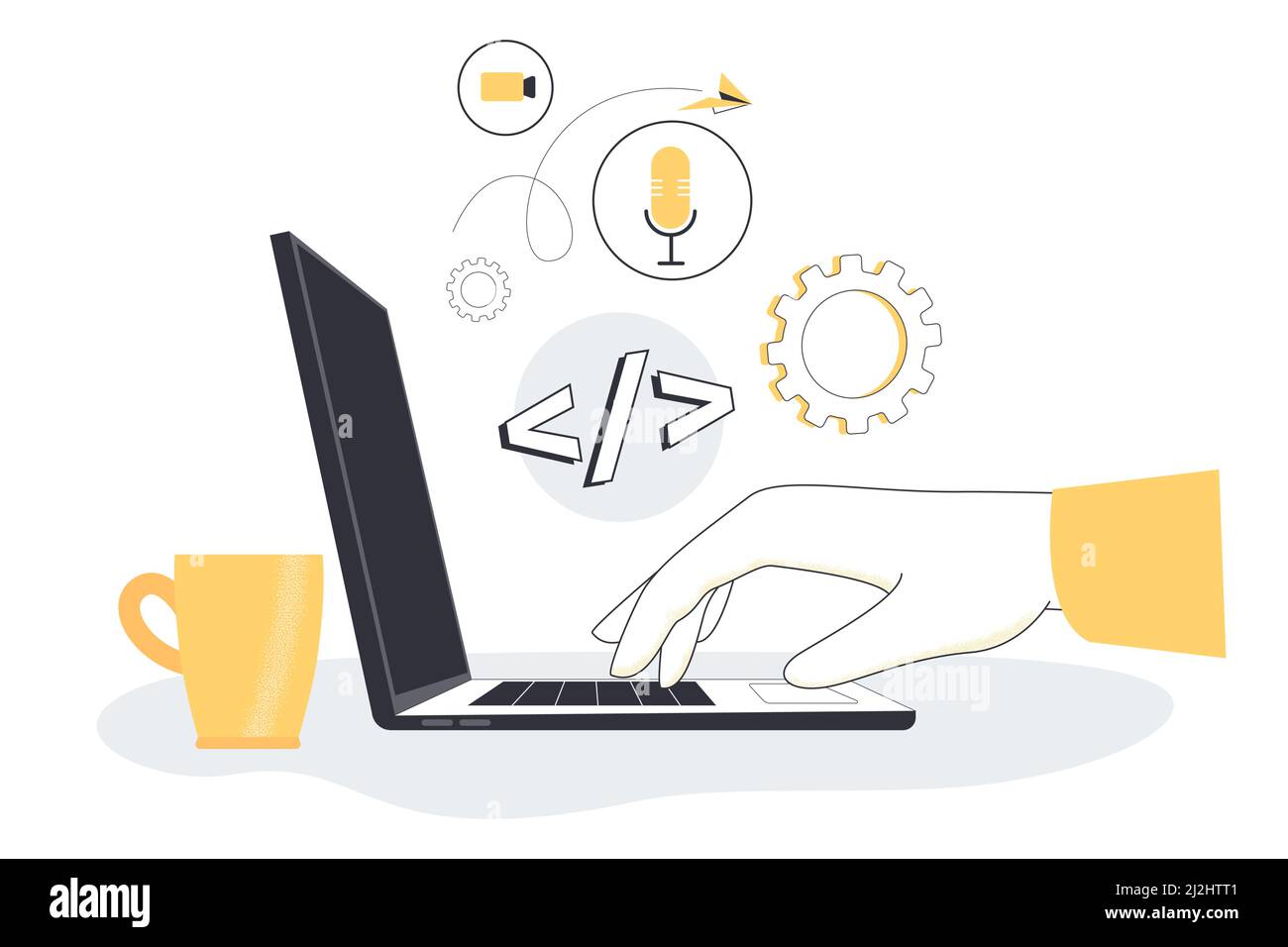 Human hand typing on computer with different symbols above located near ...