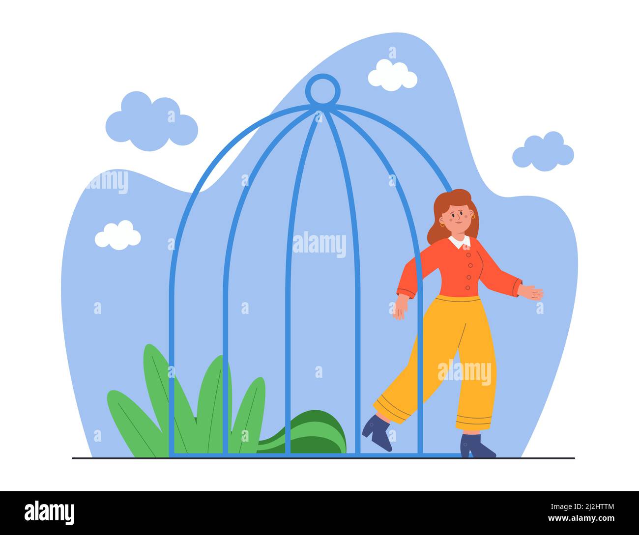 Happy woman escaping to freedom from birdcage. Free female person ...