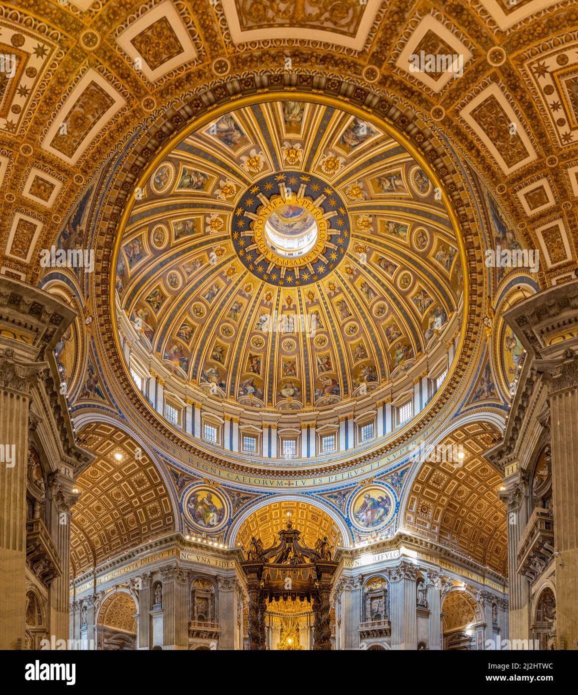 A picture of the huge dome of the St. Peter's Basilica, the altar and the surrounding frescoes ...