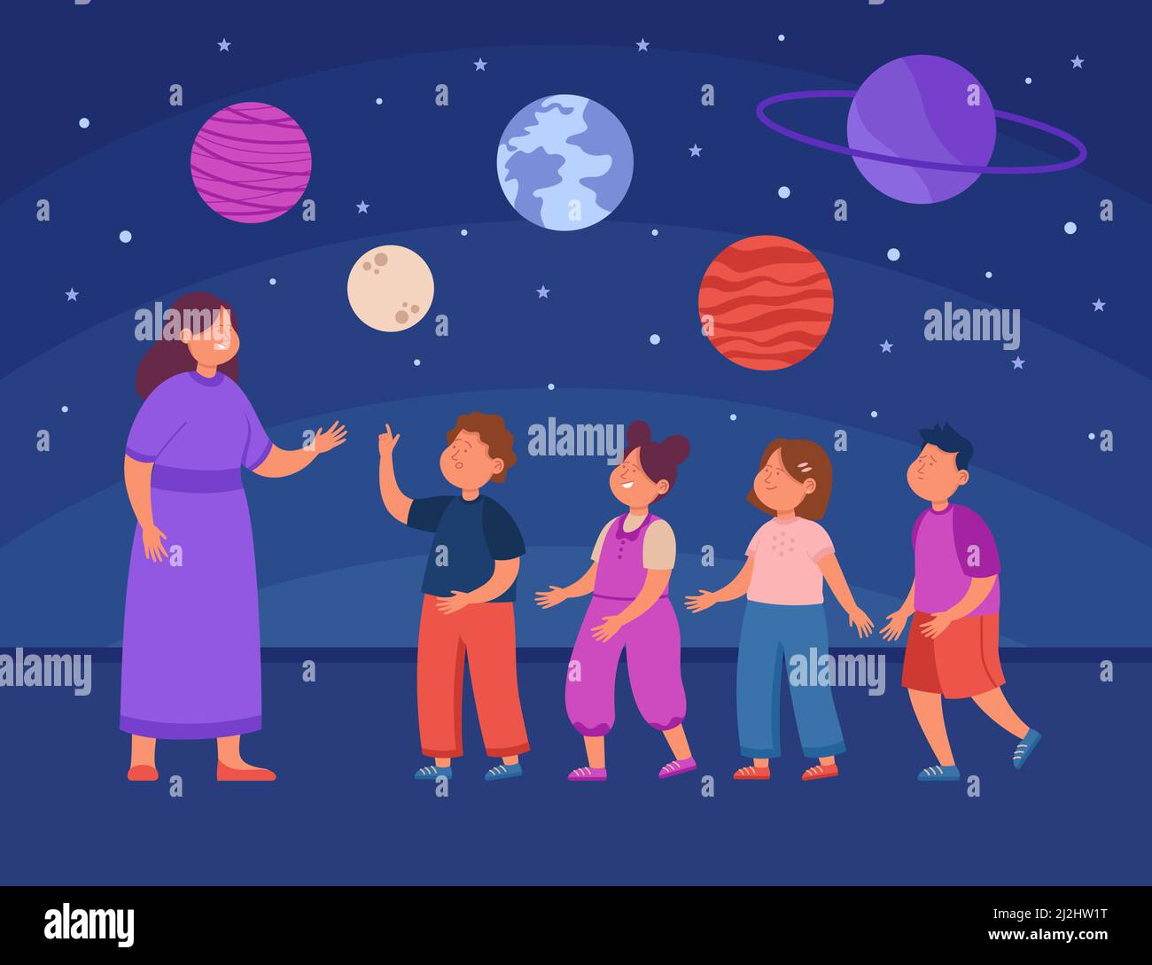 Kids studying astronomy at planetarium. School children, teacher ...