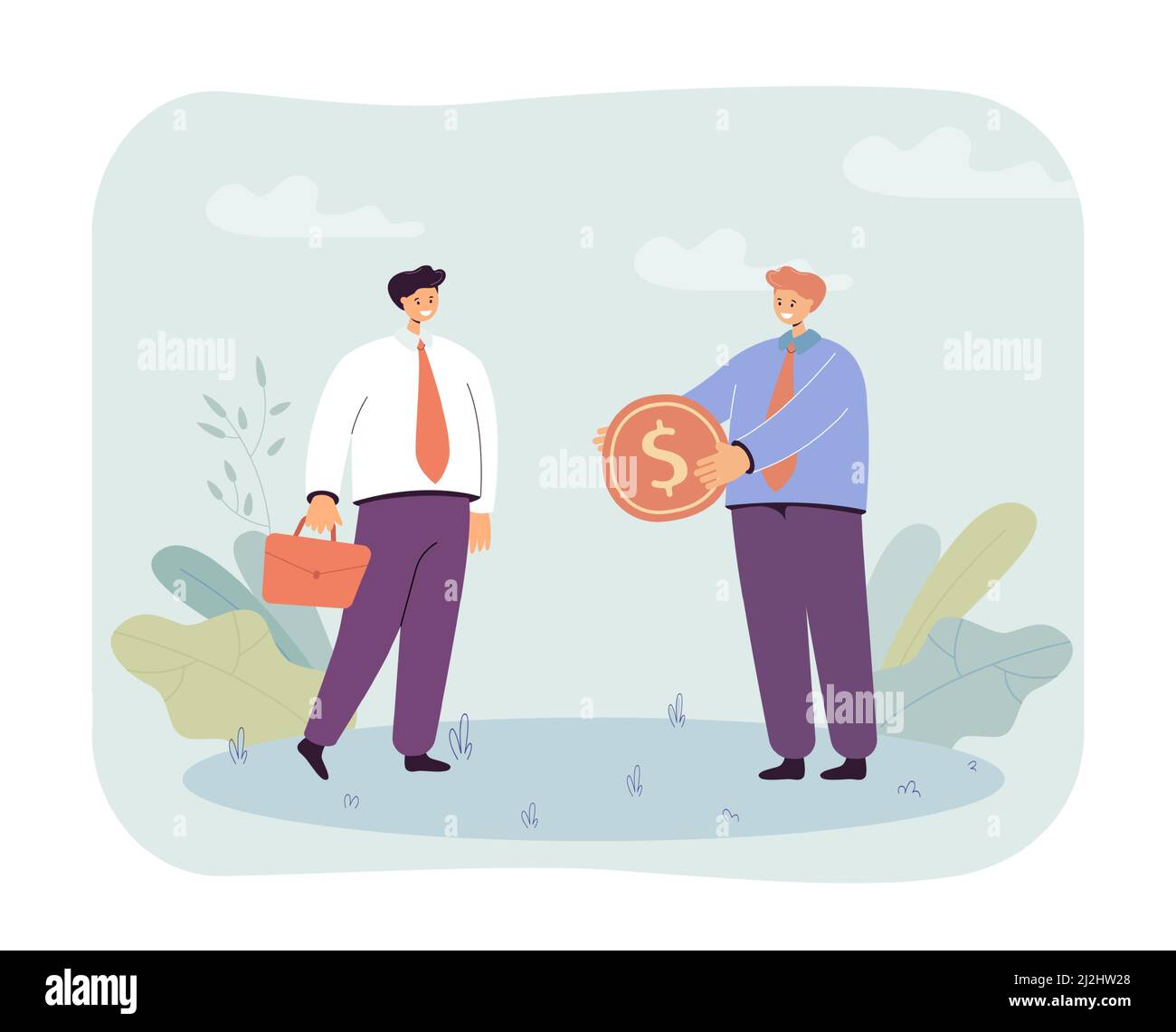 Investor offering money to business partner. Man giving big gold coin ...