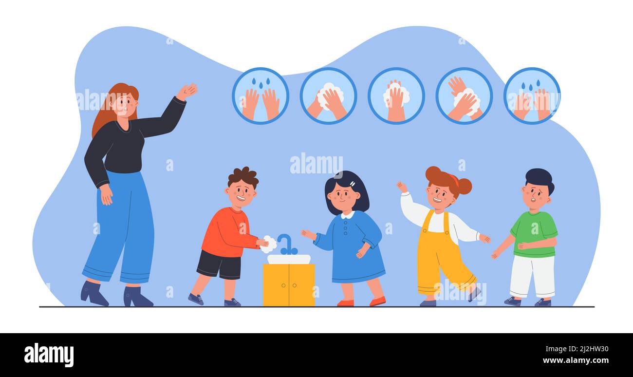 Kindergarten teacher teaching kids hygiene and hand washing. Preschool ...
