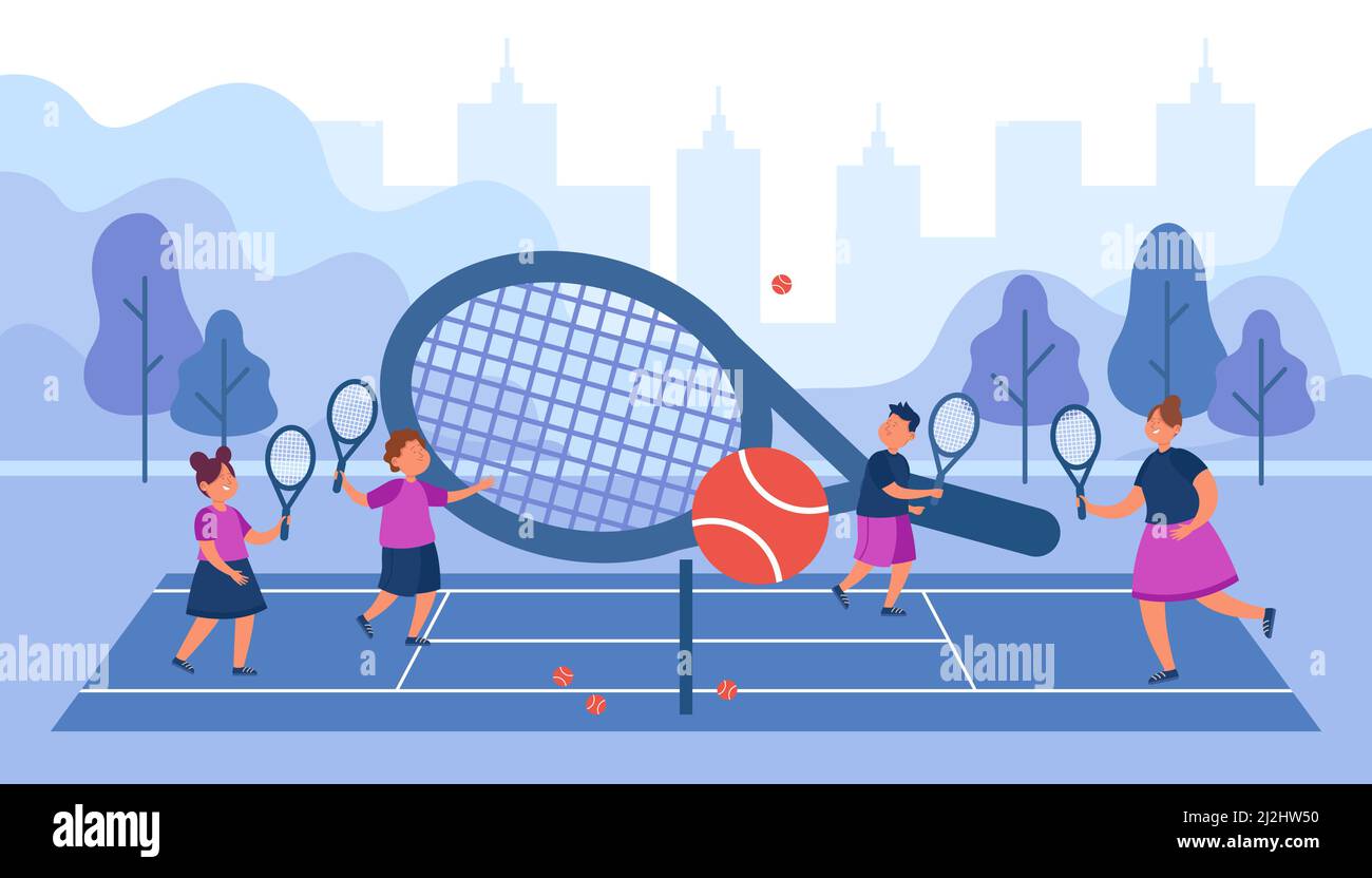 Juniors with rackets training on summer tennis camp or academy. Female ...