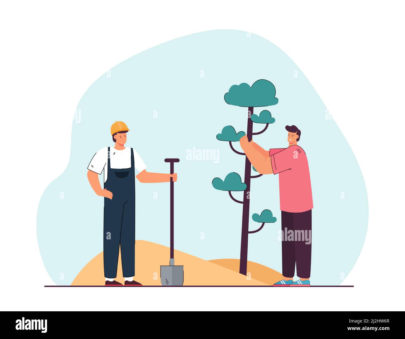 Male friends planting tree together. Man in hardhat and uniform with ...