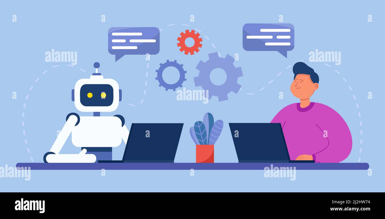 Man and robot with computers sitting together in workplace. Artificial ... Man and robot with computers sitting together in workplace. Artificial ...