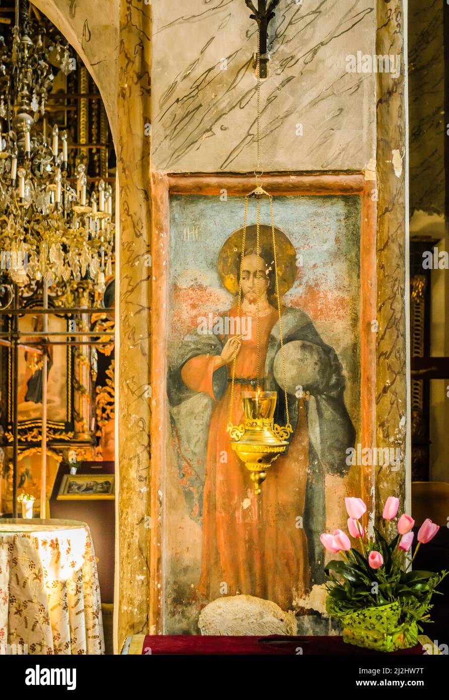 View of the interior and the wall with the iconostasis in the church ...