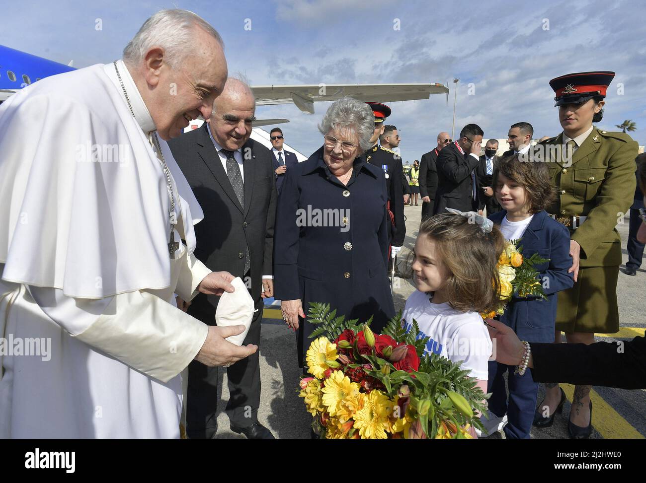 Malta. 2nd Apr 2022. Pope Francis is received by Malta’s president ...