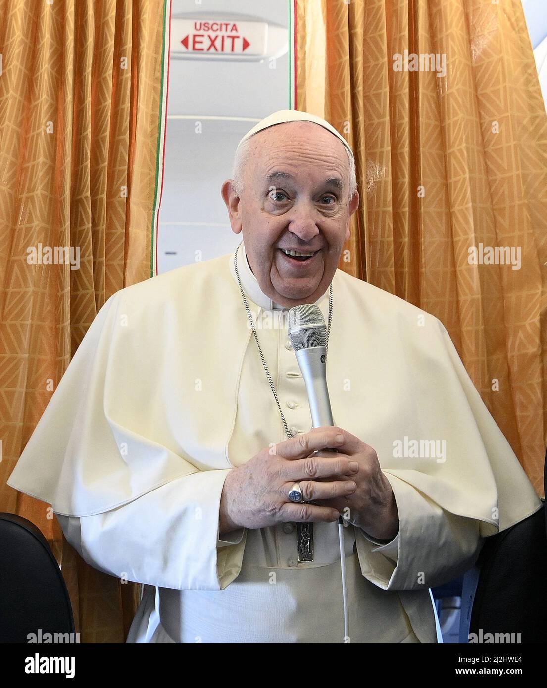 Malta. 2nd Apr 2022. Pope Francis speaks to journalists aboard the ...