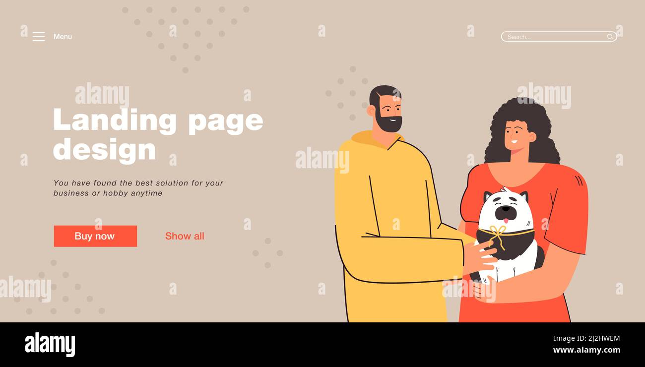 Man presenting dog to woman. Female character holding happy puppy ...