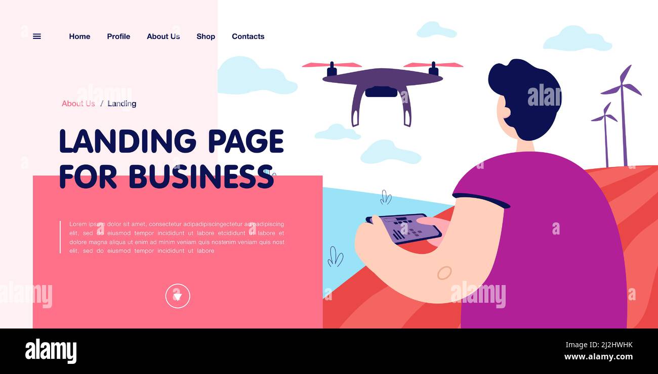 Man with remote control launching drone. Flat vector illustration ...