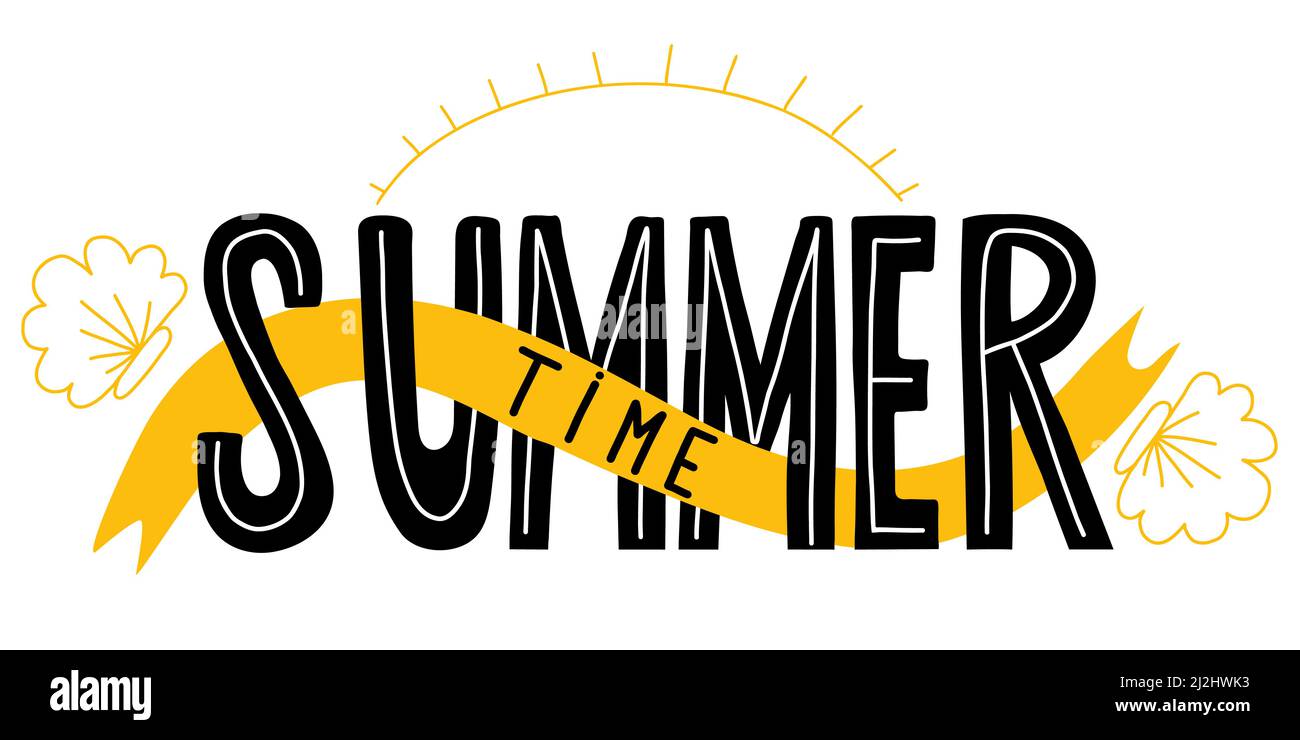 Summer time. Handwritten lettering decorative wich seashells and sun ...