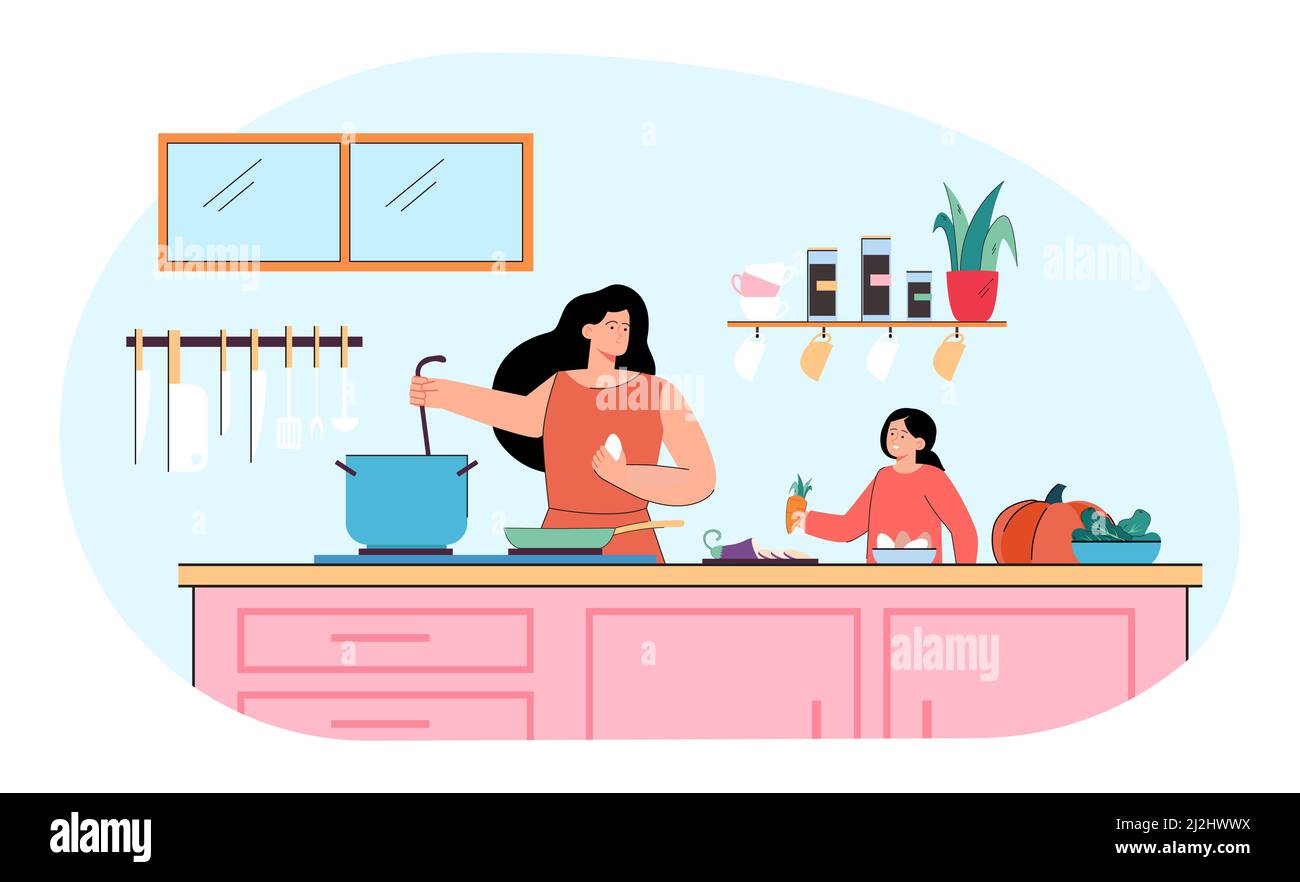 Mom and daughter cooking vegetable dish together in kitchen. Cartoon ...
