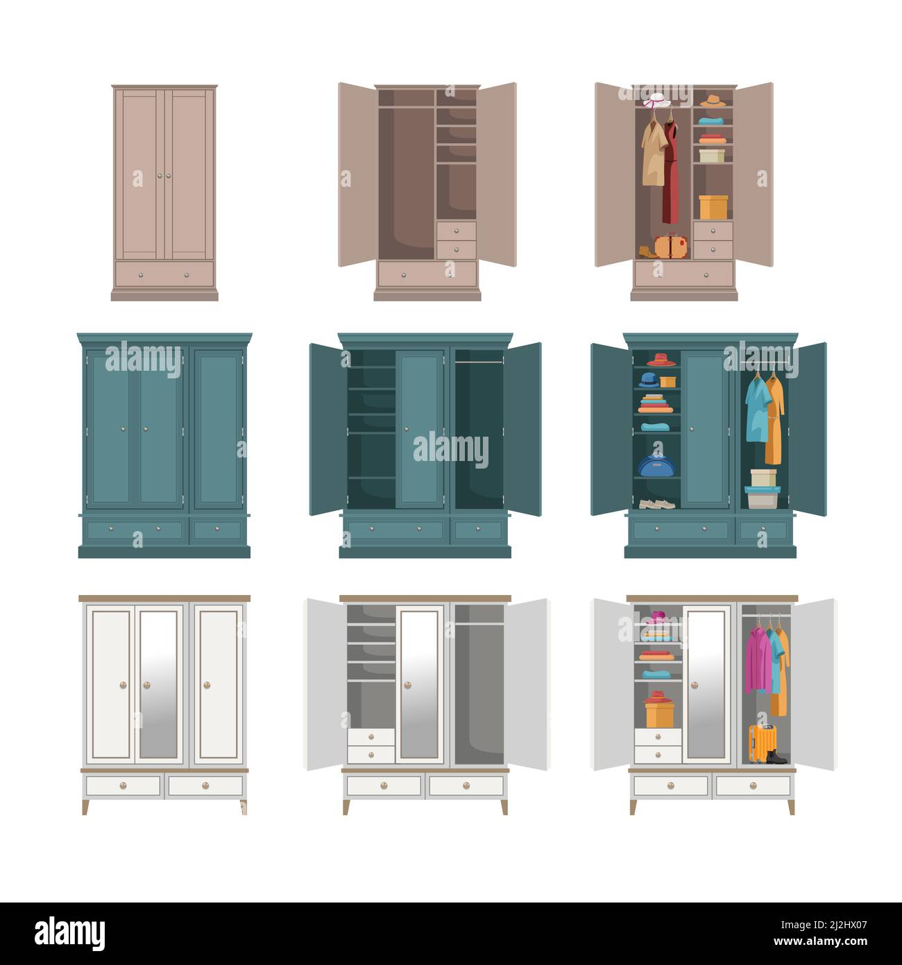 Open and closed wardrobe set. Vector illustrations of cabinet with ...