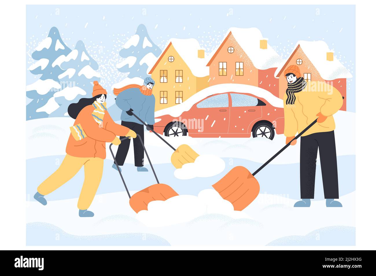 Cartoon People Shoveling Snow