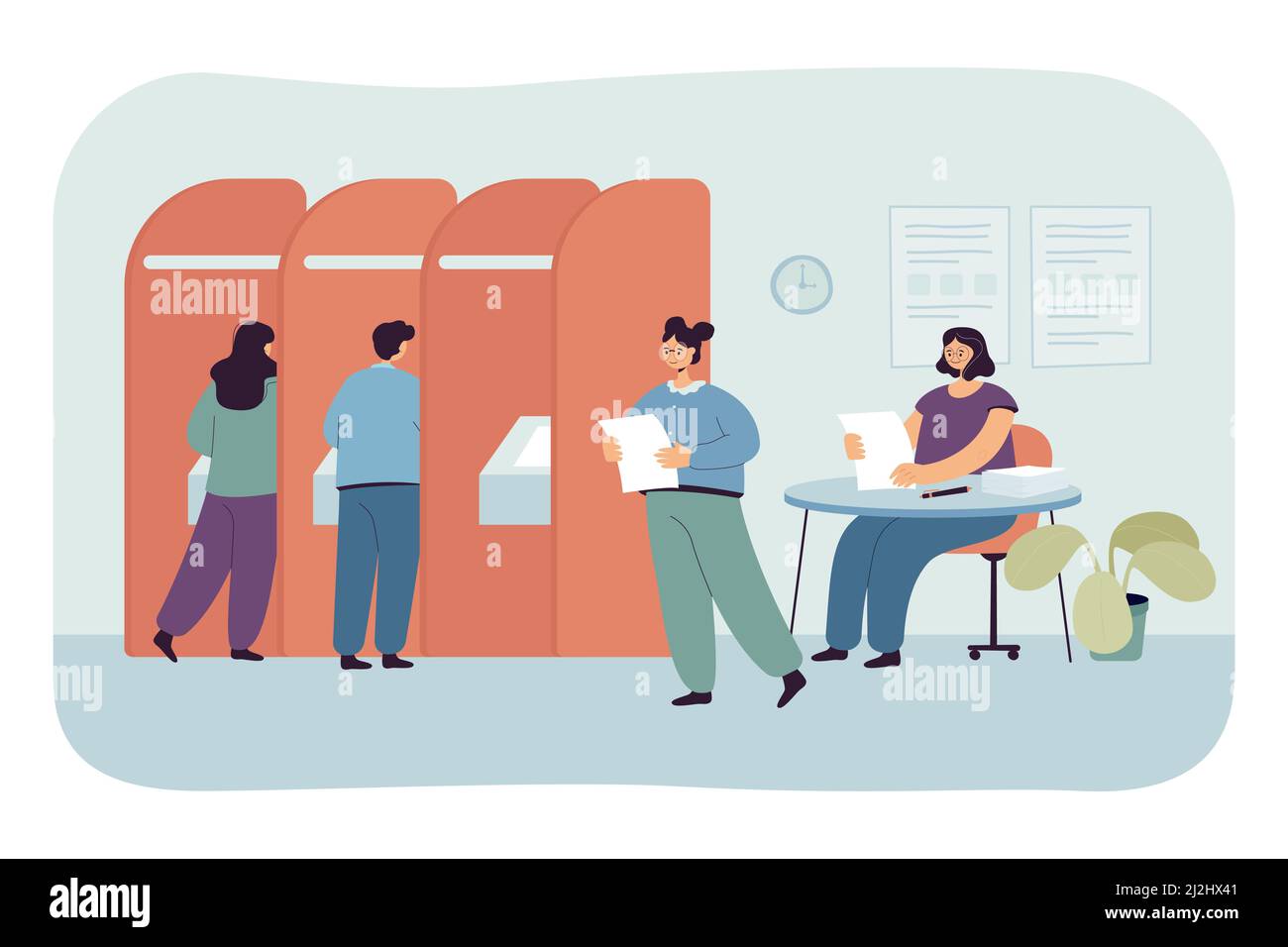 People voting in modern automated booth with machine. Polling station ...