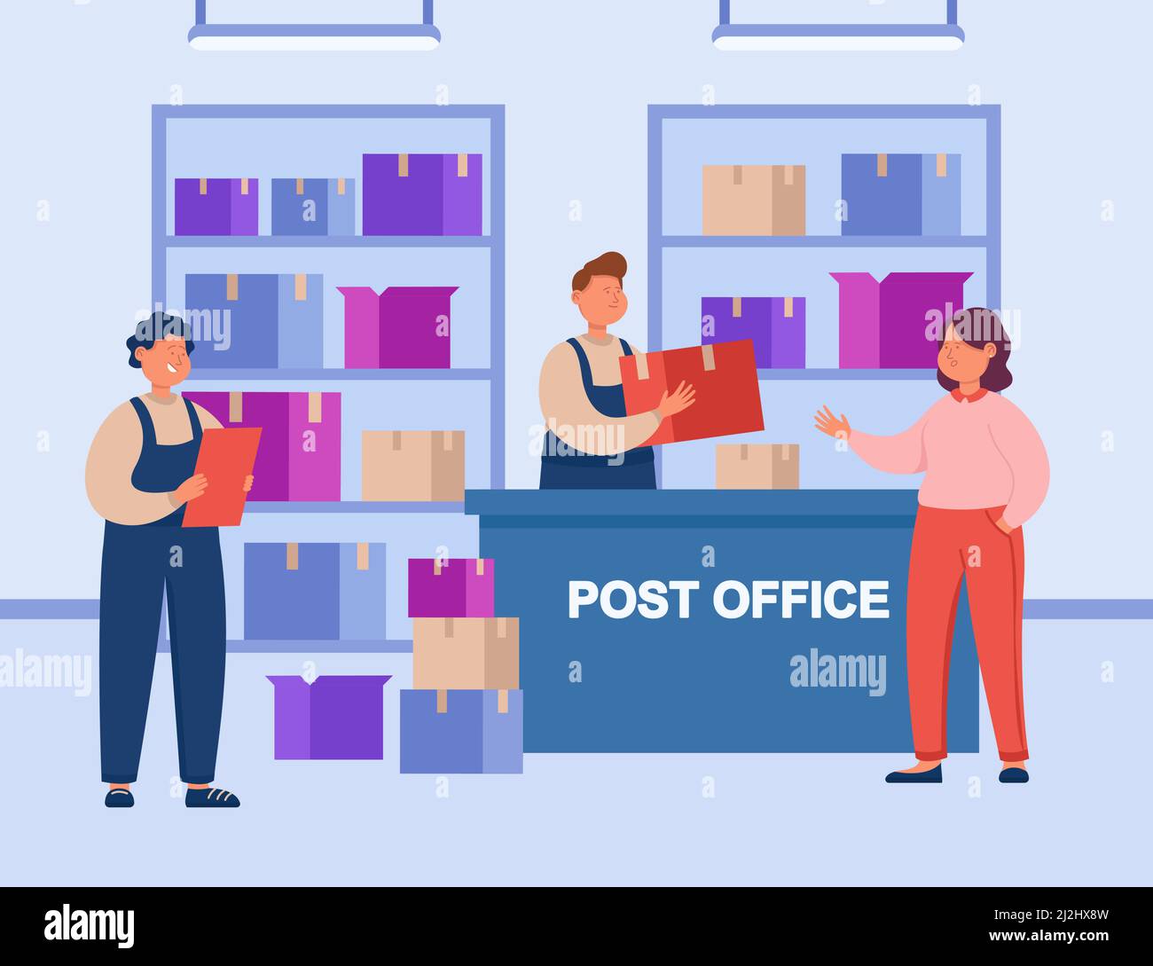 Post office worker in uniform giving cardboard box to woman. Receiving ...