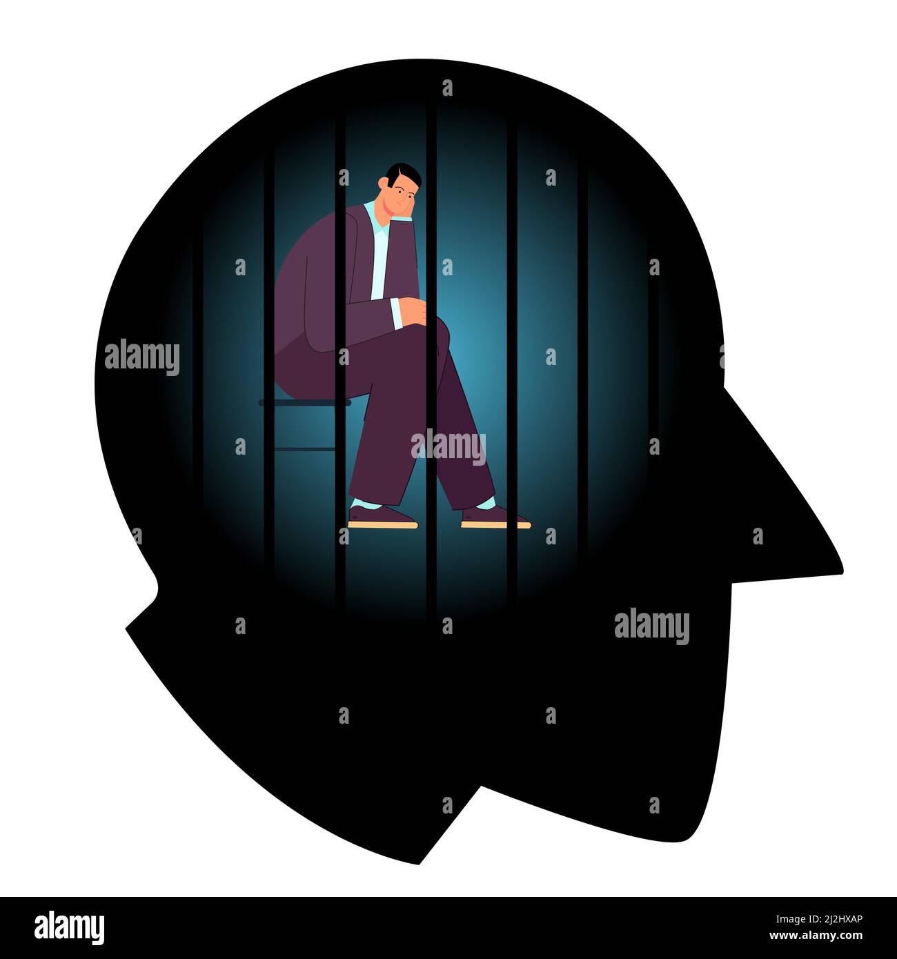 Powerless man with depression in prison of mind. Male character sitting ...
