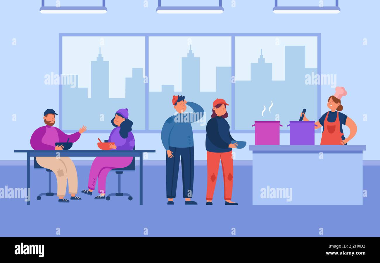 Refectory interior and girl cooking for poor people. Homeless cartoon ...