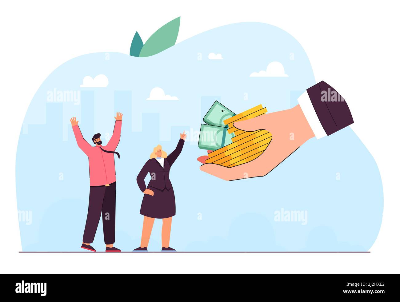 Salary offer from hand of employer to happy employees. Tiny rich ...