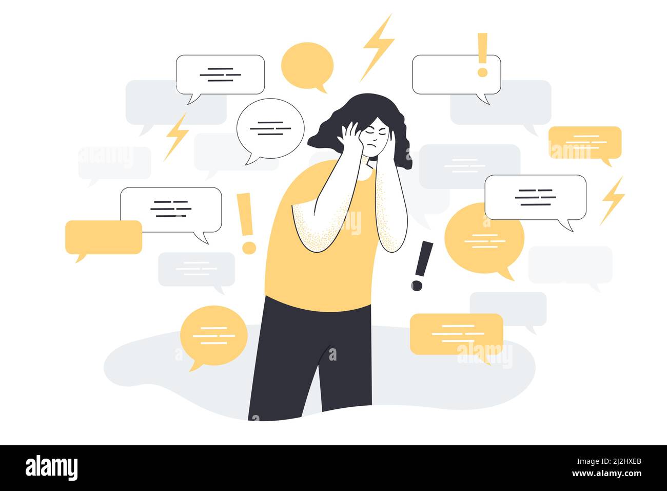 Sad young woman surrounded by speech bubbles covering ears with hands ...