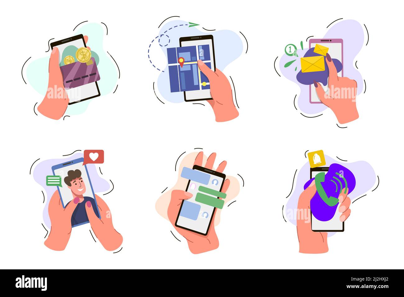 Set of hands holding mobile phones. Vector illustrations of female and ...