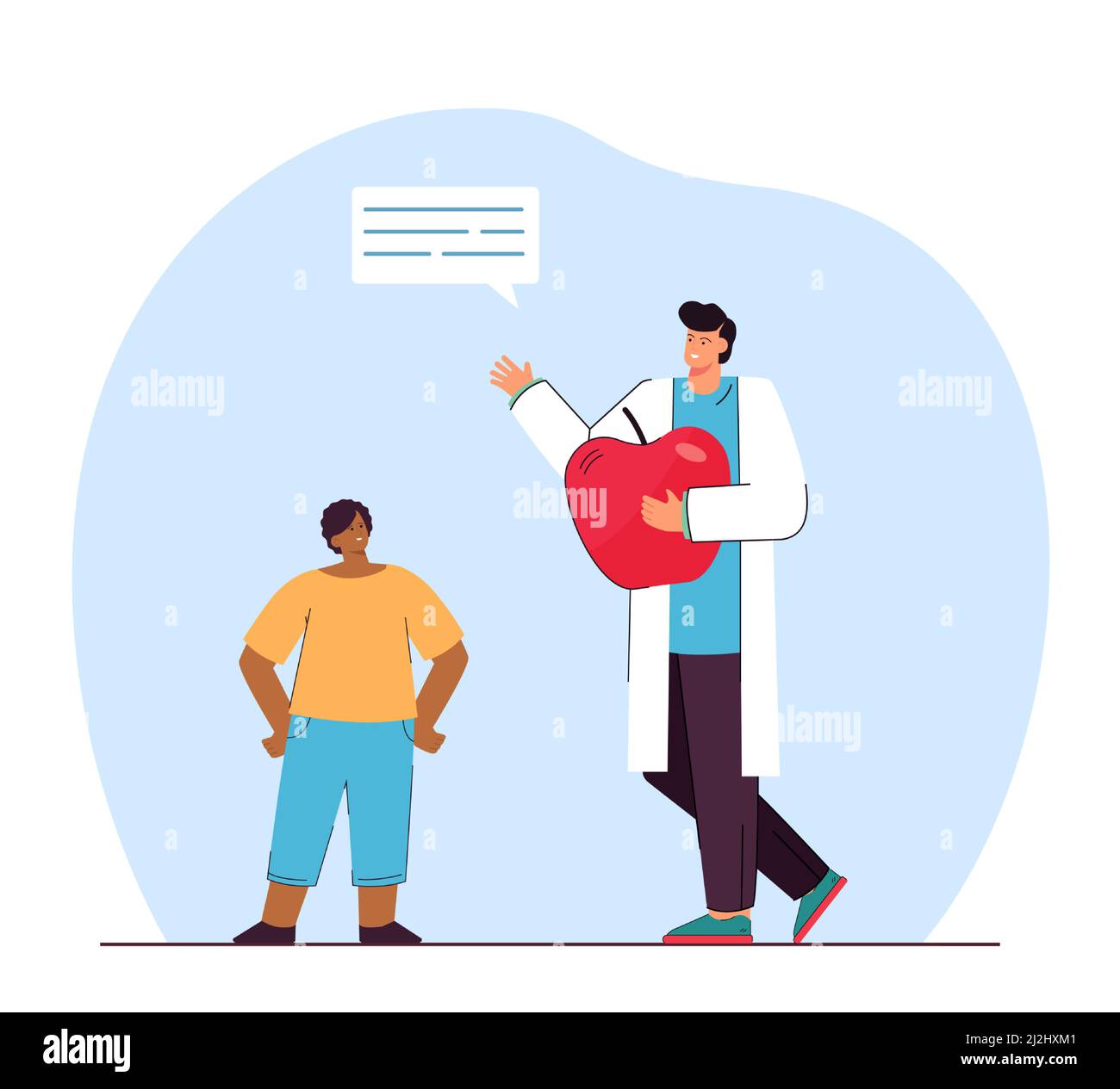 Smiling dentist doctor recommending kid to eat apple. Man nutritionist ...