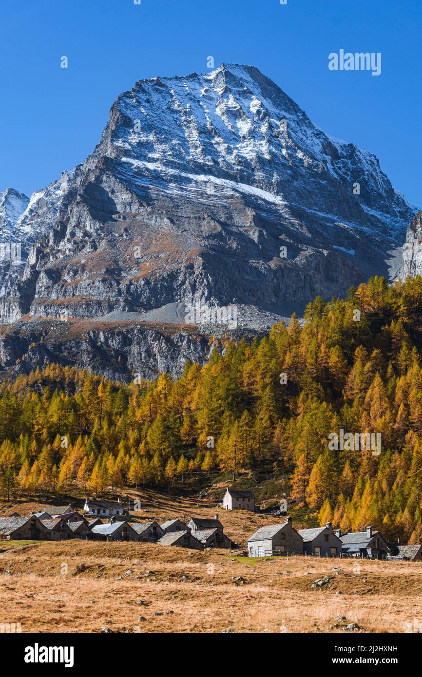 A high-altitude pasture in the Alps with its typical mountain dwellings ...