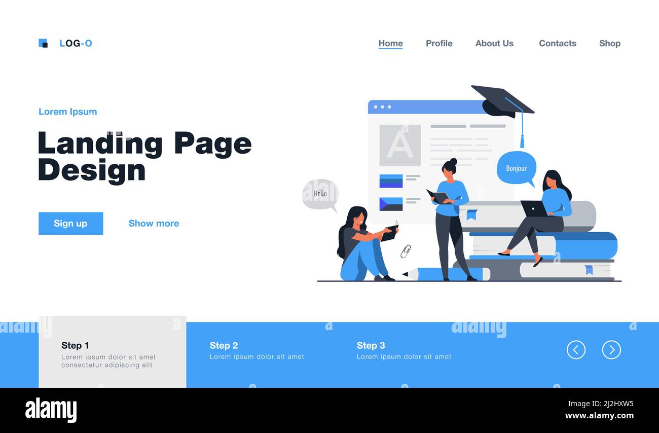 Happy women learning language online isolated flat vector illustration ...