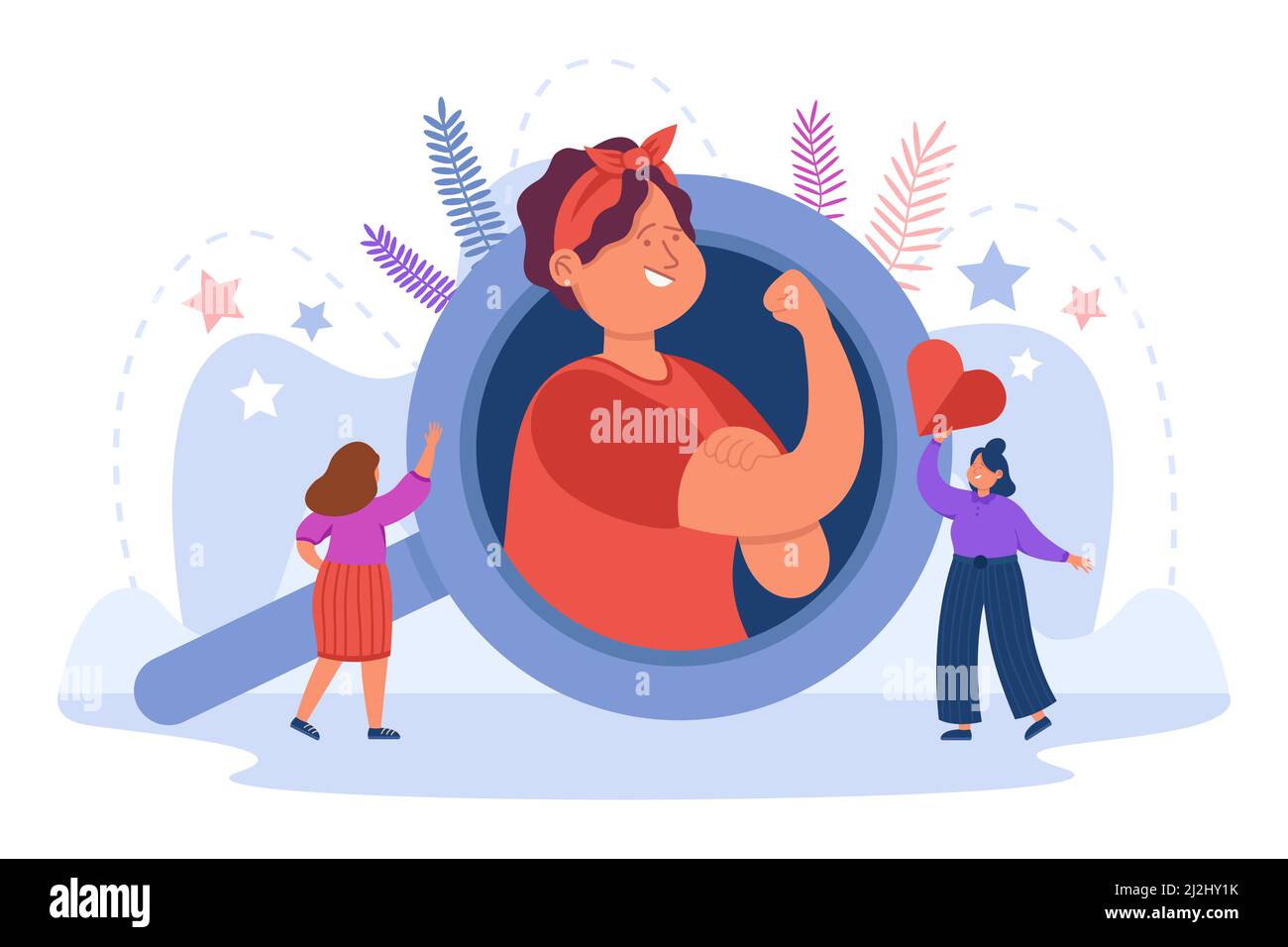 Strong woman showing muscle biceps and fist to tiny girls. Feminist ...