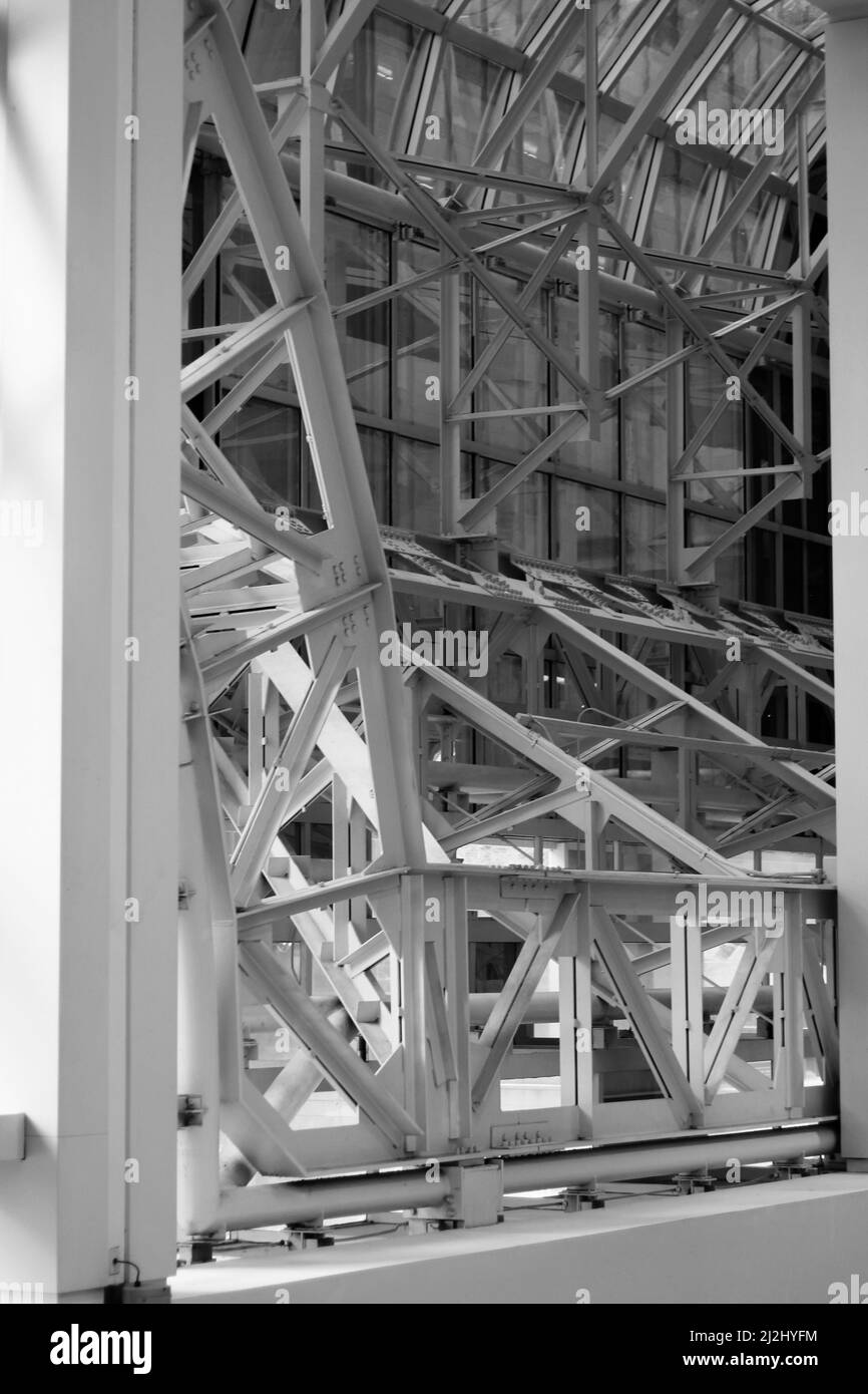 Exposed steel framework with lots of connections and steel beams in ...