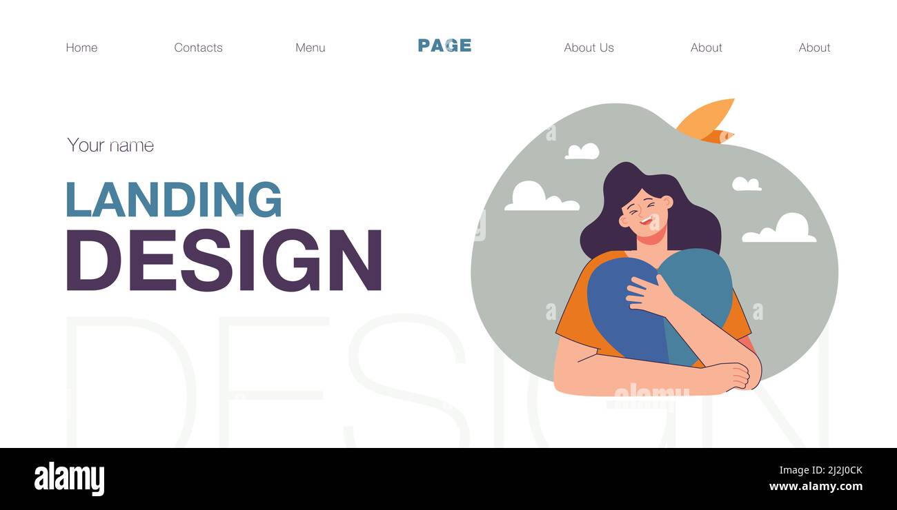 Cartoon woman embracing heart and enjoying freedom. Happy girl giving ...