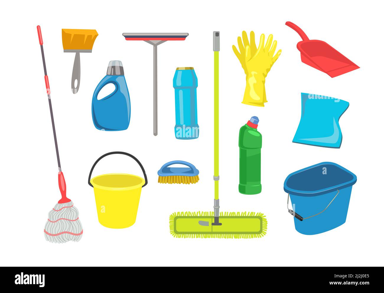 Cleaning tools for housework cartoon illustration set. Colorful broom ...