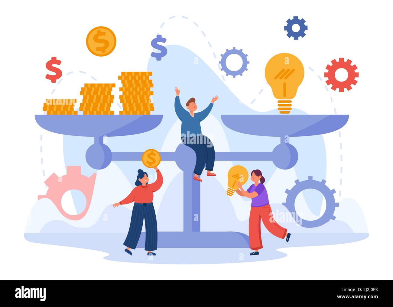 Comparison of money and lightbulb on scales. Businesswoman buying Idea ...