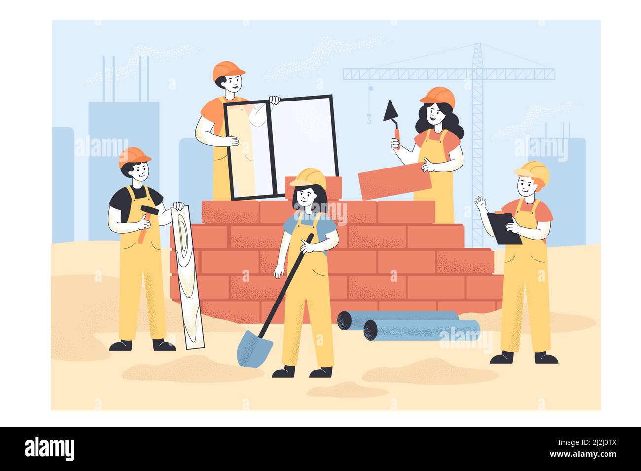 Constructors in uniform building house flat vector illustration. Kids ...